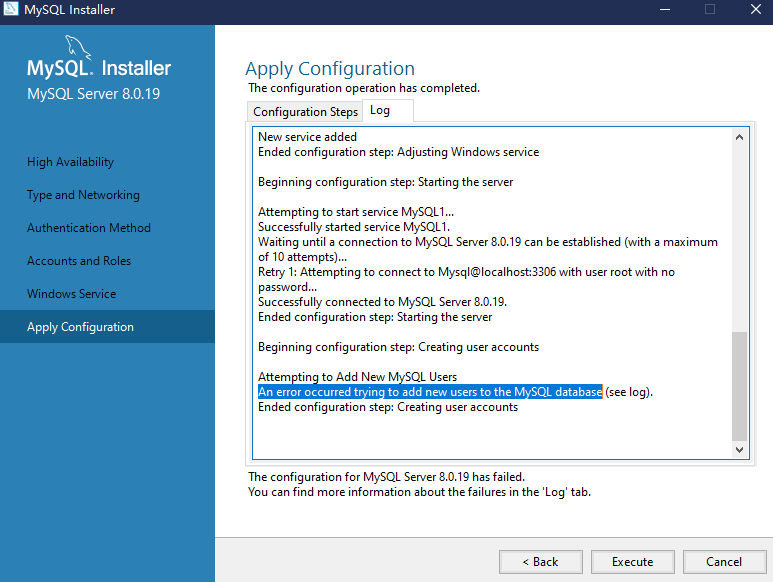 Mysql 8019 安装 An Error Occurred Trying To Add New Users To The Mysql Database Csdn社区